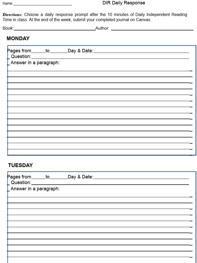 Revised Daily Independent Reading Time Daily Response Journal | PDF ...