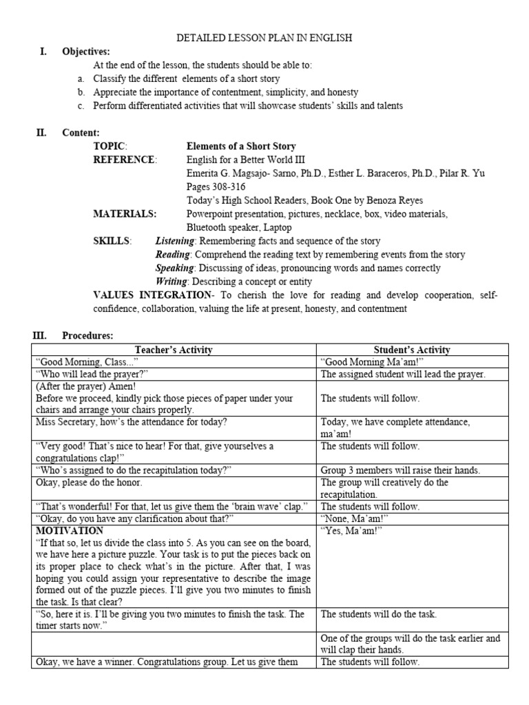 Short Story Elements Lesson Plan | PDF | Plot (Narrative)