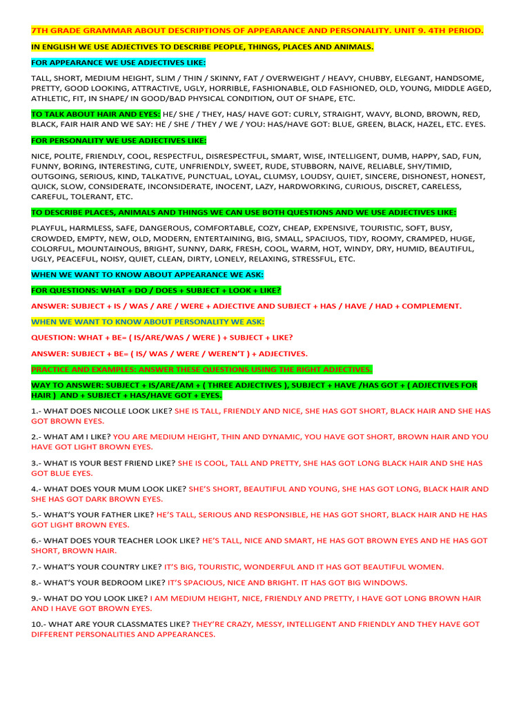 7TH Grade 2023 Grammar On Descriptions of Appearance and Personality ...