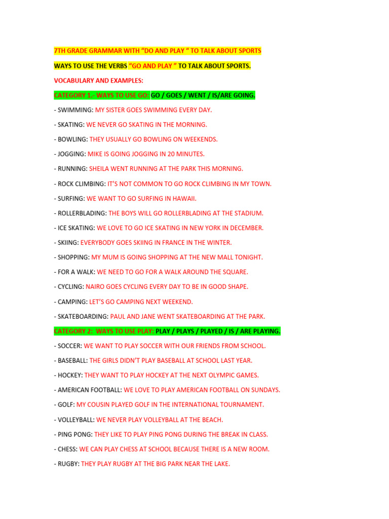 7TH Grade 2023 Grammar On Play and Do For Sports. | PDF | Sports ...