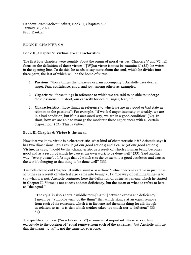 Handout - Aristotle, NE, Book II, Chapters 5-9 | PDF