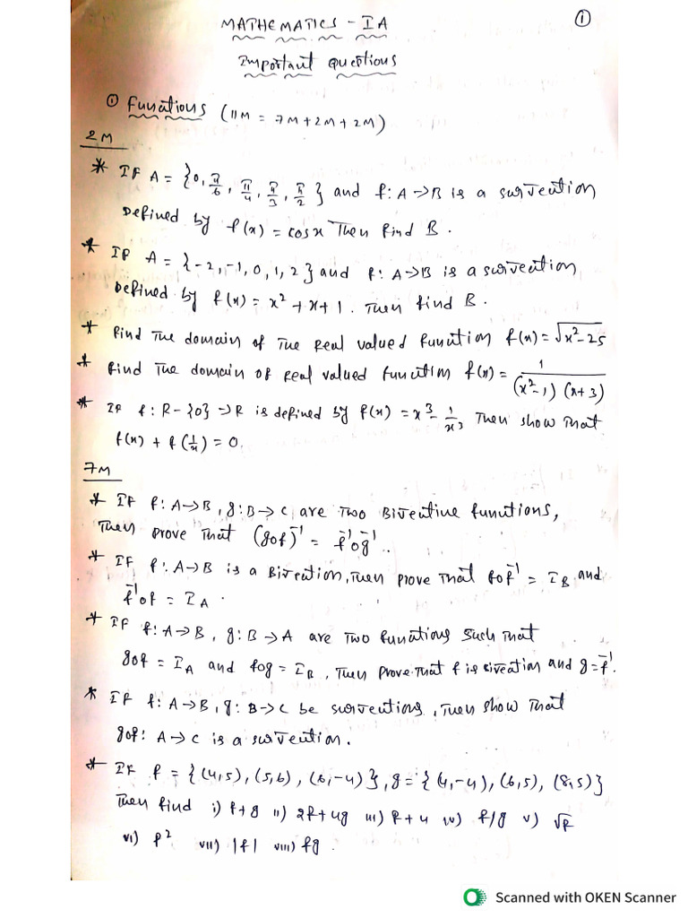 Mathematics - 1A Imp Questions | PDF