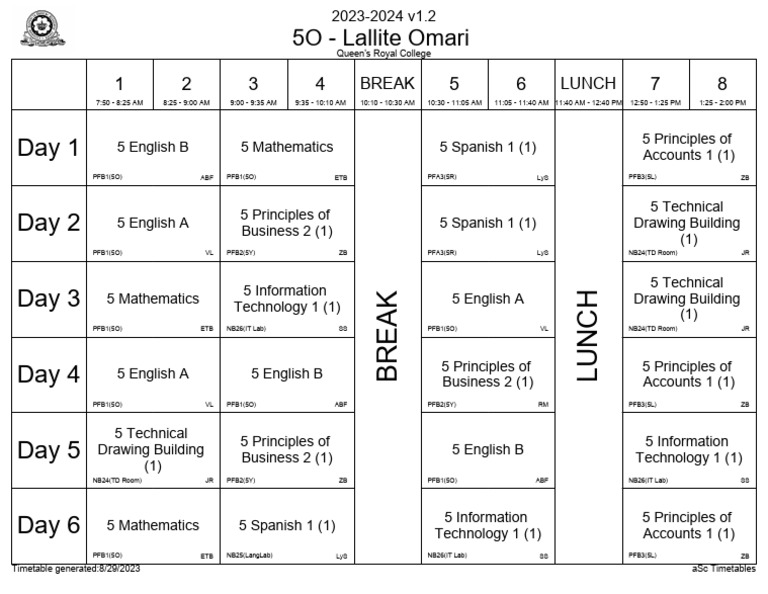 QRC Timetable 2023-2024 v1.2 | PDF