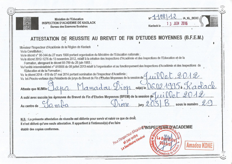 Attestation BFEM | PDF