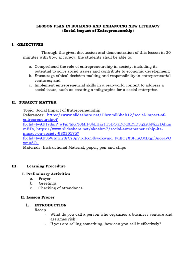 Social Impact of Entrepreneurship Lesson Plan | PDF | Entrepreneurship ...