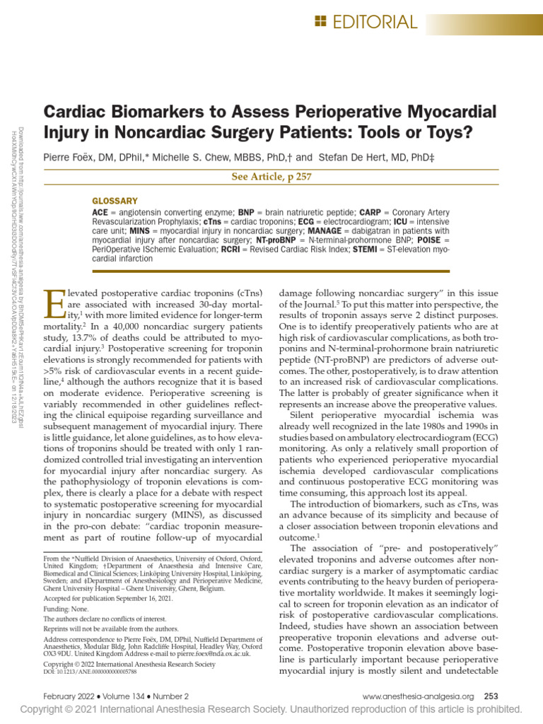 Cardiac Biomarkers To Assess Perioperative Myocardial Injury in ...