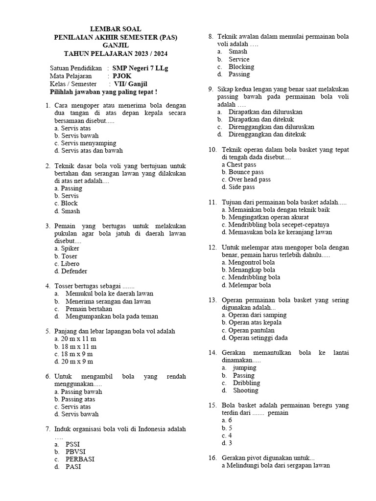 LEMBAR SOAL PAS Kelas 7 Tahun 2023-2024 | PDF