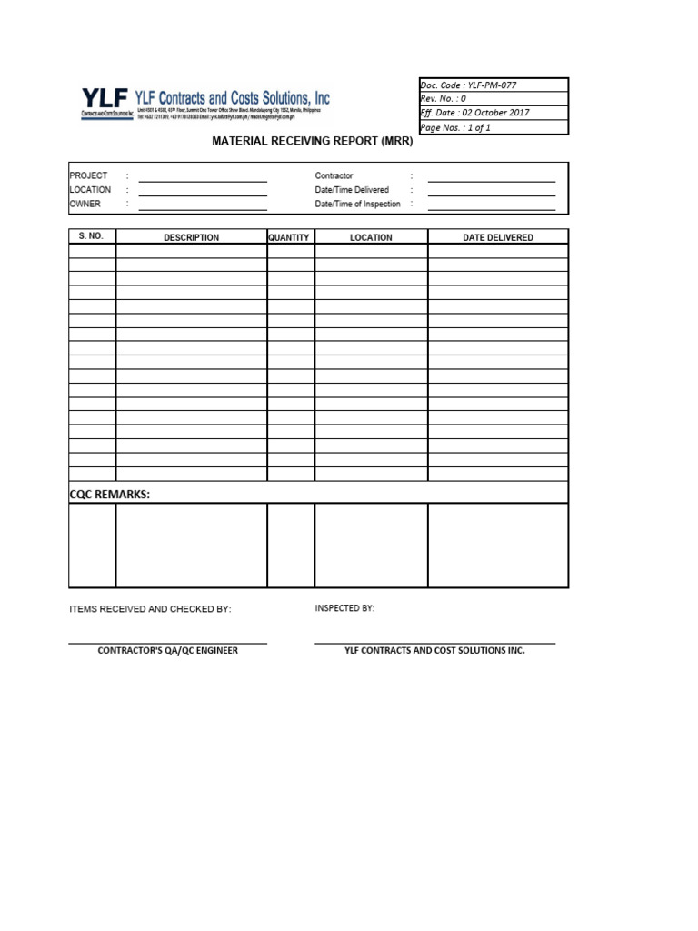 Material Receiving Report Form | PDF