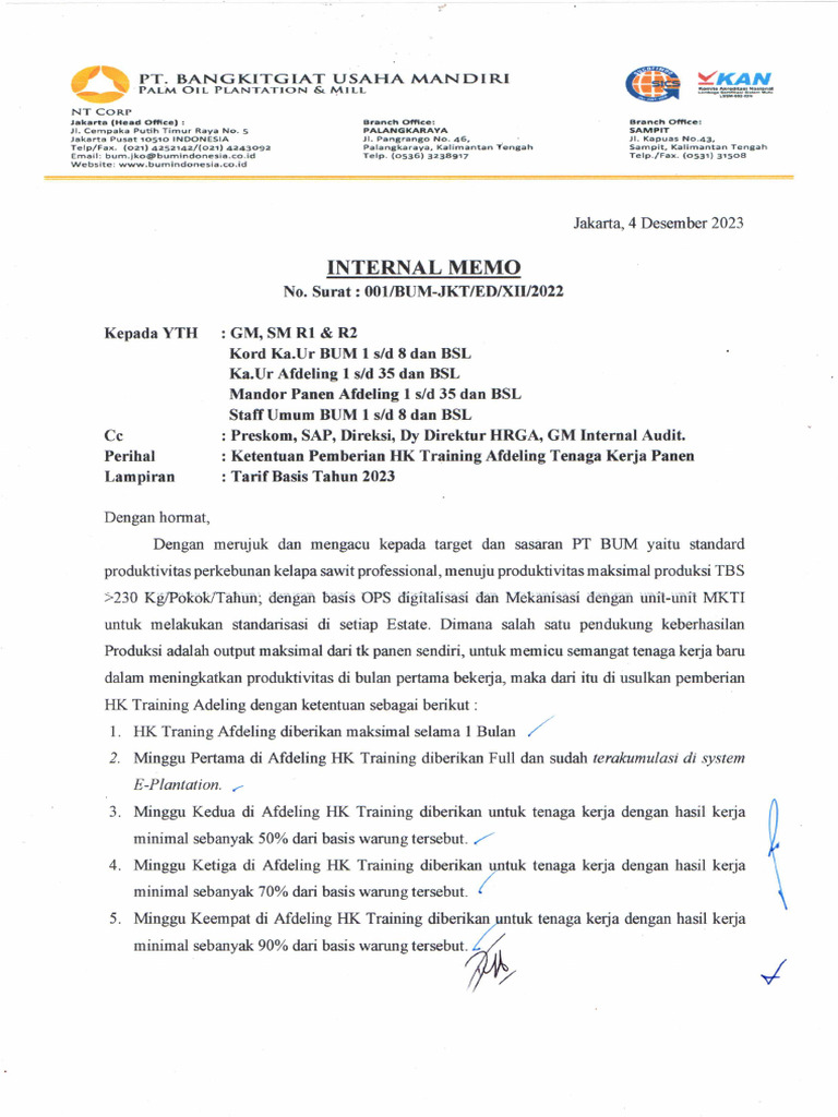 Internal Memo - Ketentuan Pemberian HK Training TK Panen | PDF