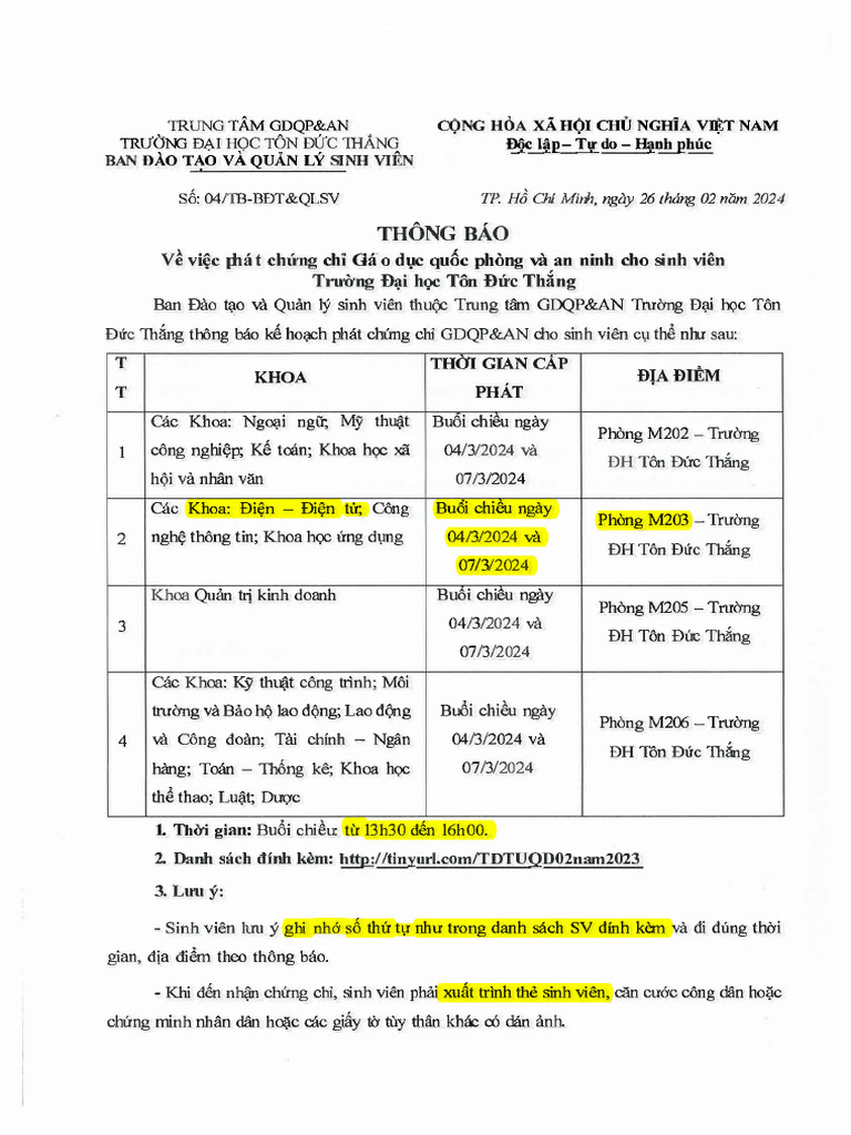 04.TB phát chứng chỉ GDQP&AN TDTU QĐ02.2023 | PDF