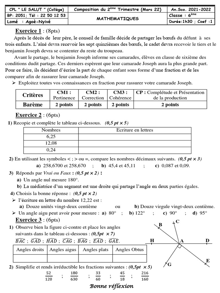 Évaluation Maths 6ème - 2ème Trimestre | PDF | Mathématiques ...