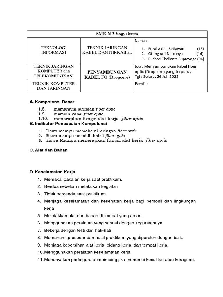 Job 3 TJKN Pemasangan Fast Conector Kabel Dropcore | PDF