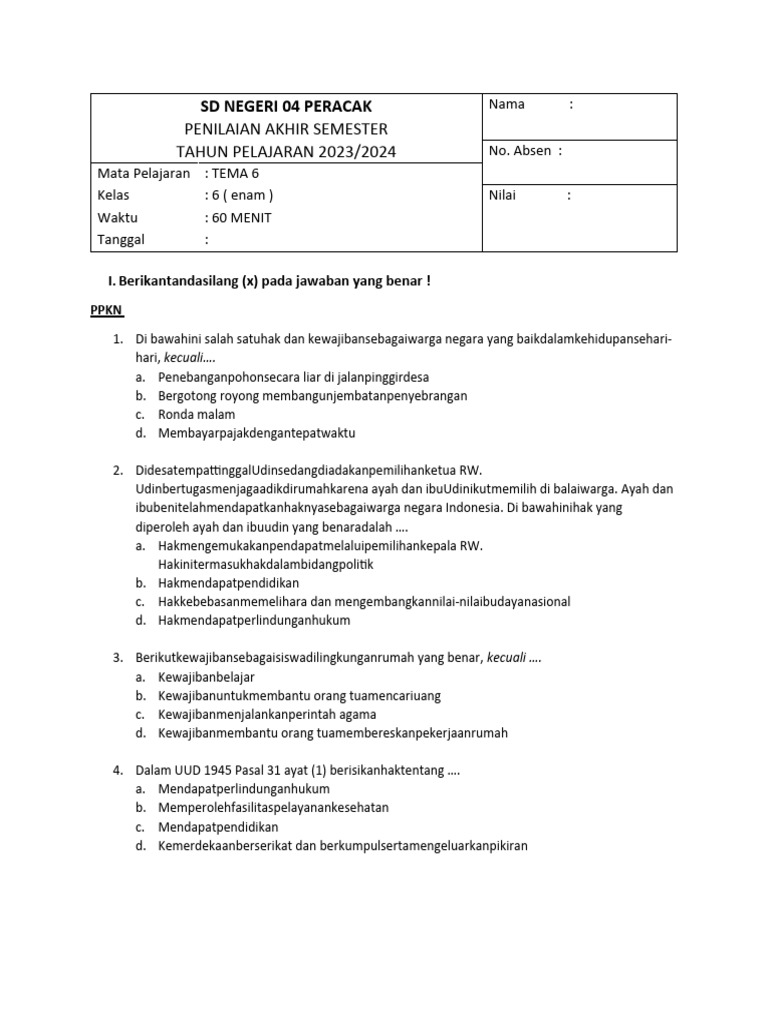 Soal Pas Kelas 6 Tema 6. Baru | PDF | Perjalanan | Kajian Bahasa Asing