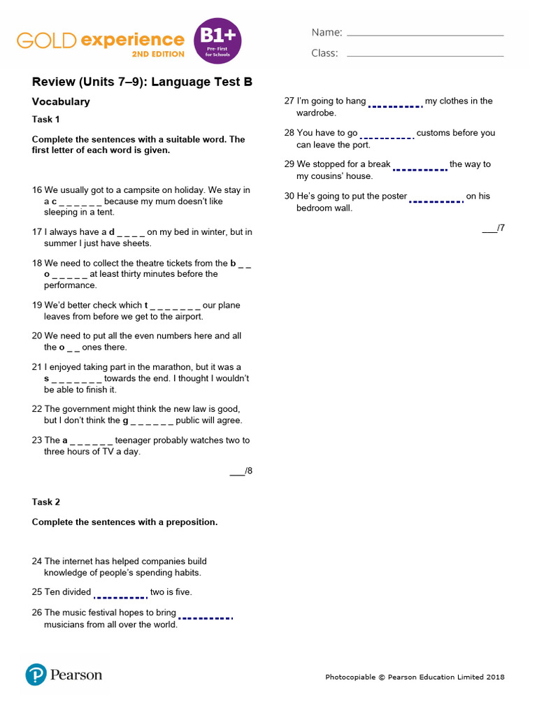Gold Exp B1P U7to9 Review Lang Test B | PDF