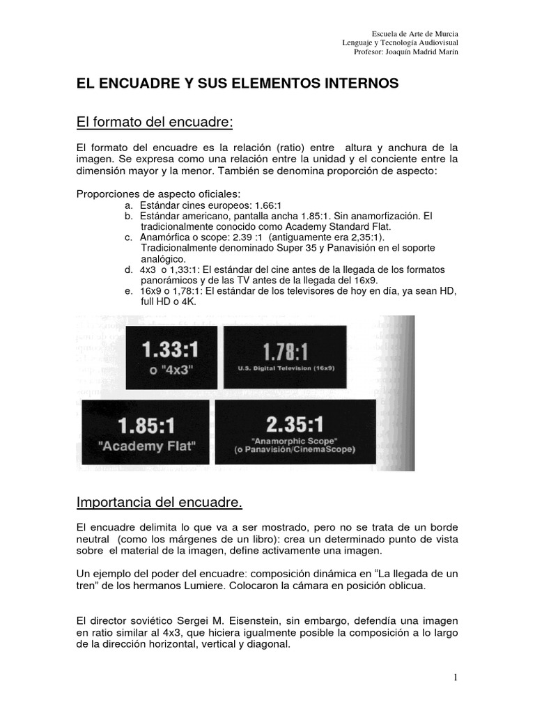 Formatos y Elementos del Encuadre Cinematográfico | PDF | Perspectiva ...