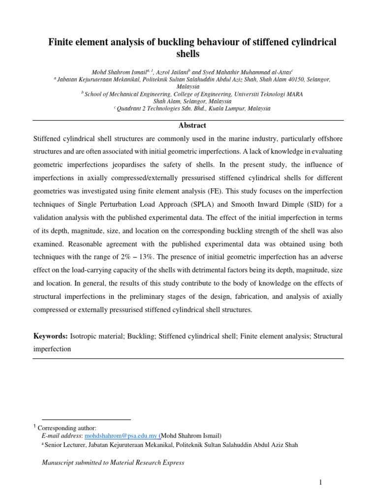 Finite Element Analysis of Buckling Behaviour of Stiffened Cylindrical Shells | PDF | Buckling ...
