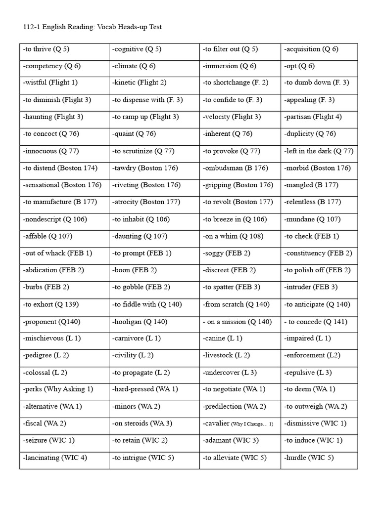 112-1 ER Heads-Up Word Bank | PDF