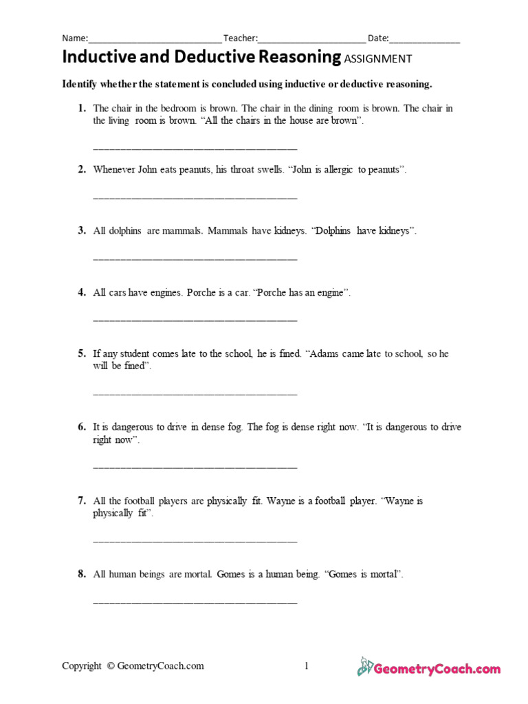 2 1 Assignment Inductive and Deductive Reasoning SE | PDF | Wellness ...