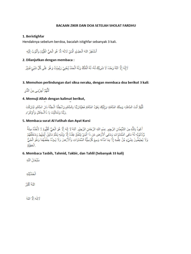 Bacaan Zikir Dan Doa Setelah Sholat Fardhu | PDF | Agama & Spiritualitas