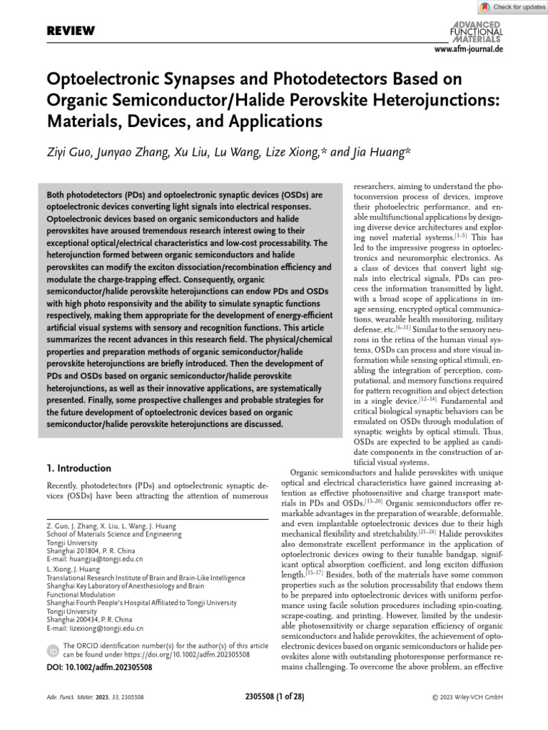 Adv Funct Materials - 2023 - Guo - Optoelectronic Synapses and Photodetectors Based on Organic ...