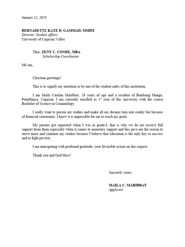 Working Student Application Letter 2022 | PDF