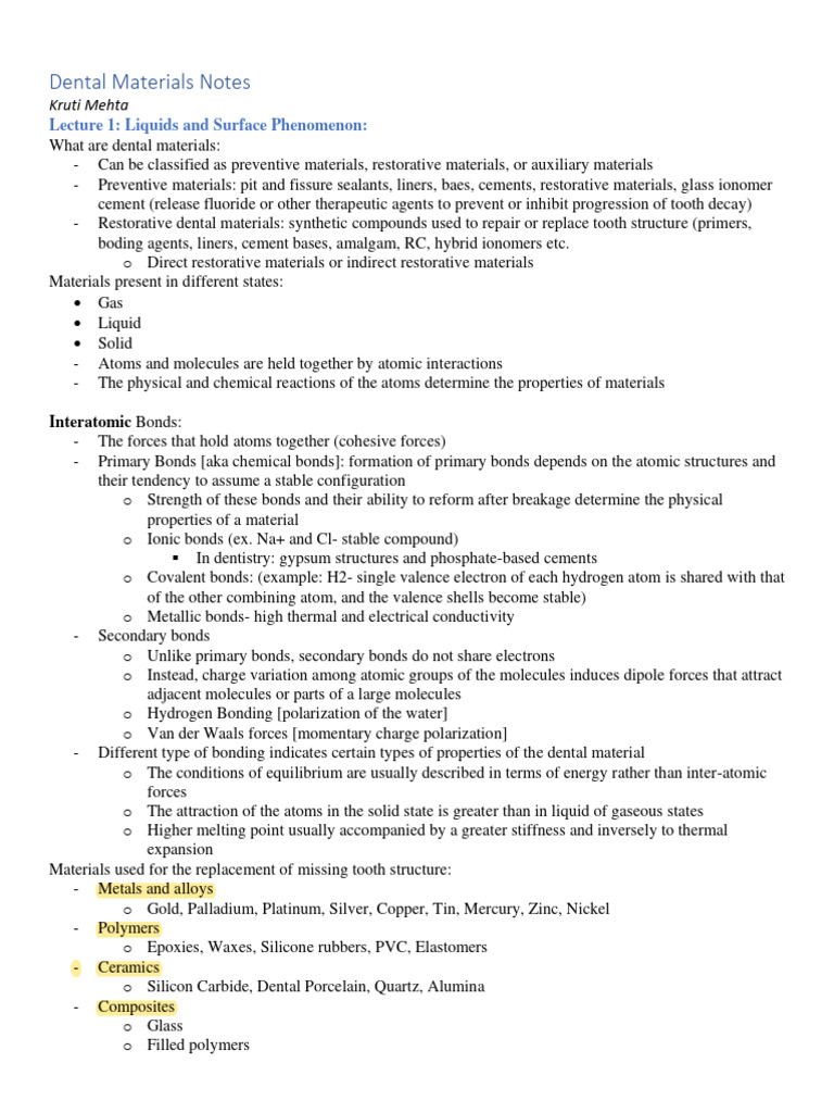 Dental Materials Notes | Download Free PDF | Deformation (Engineering ...