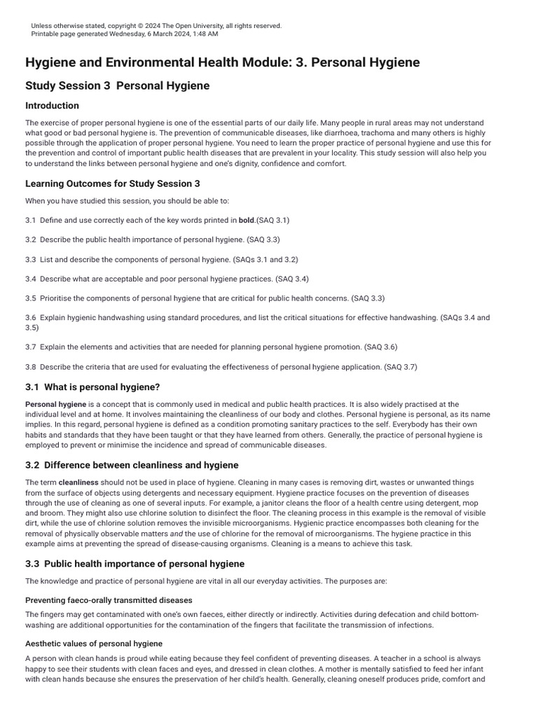 Hygiene and Environmental Health Module - 3. Personal Hygiene - View As ...