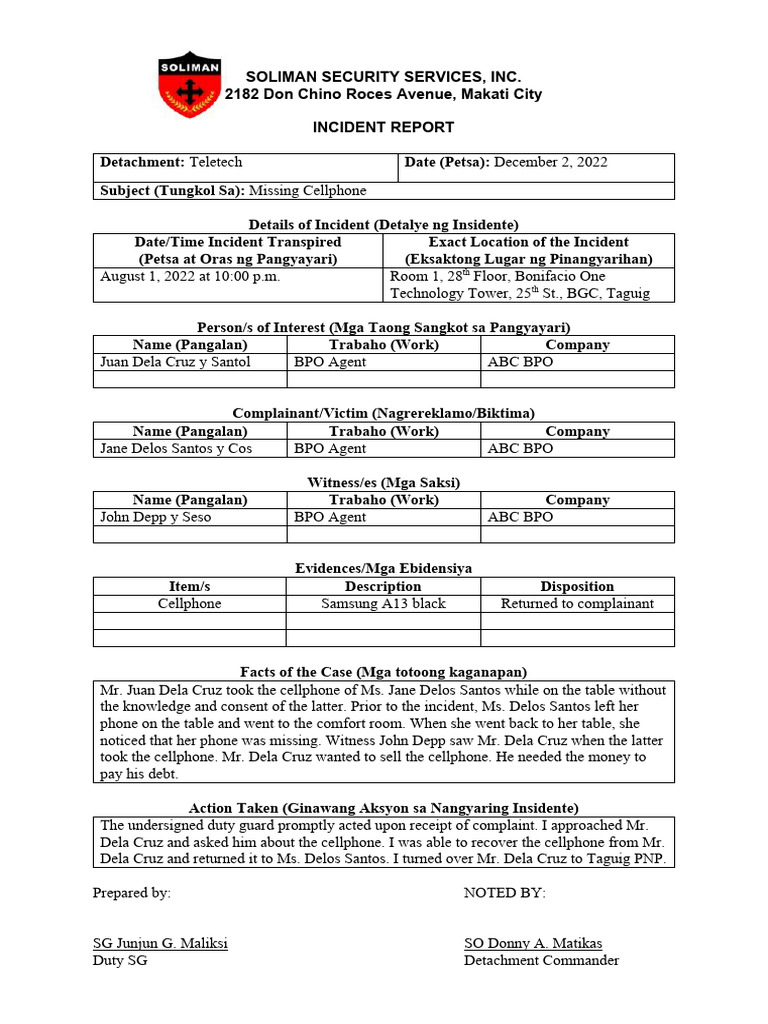 Theft Incident Report: Missing Cellphone | PDF