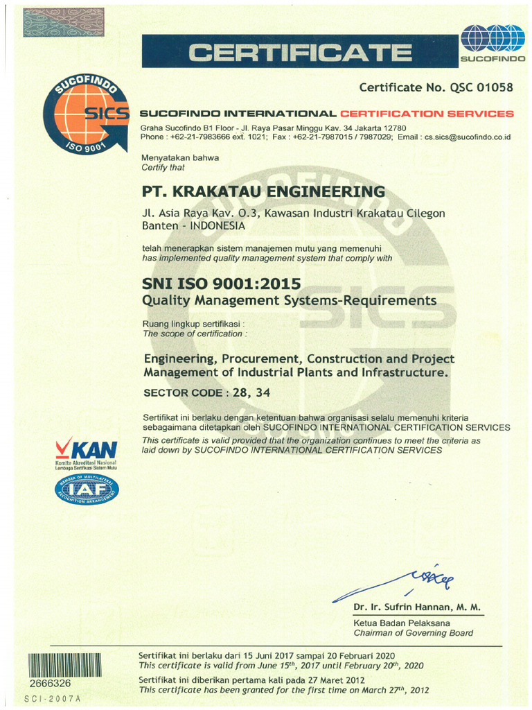 Certificate SNI ISO 9001 2015 Quality Management Systems - Requirements ...