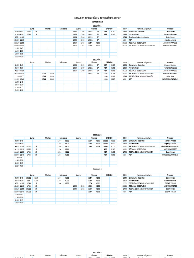 Horarios Ingeniería Informática 2023-2 | PDF