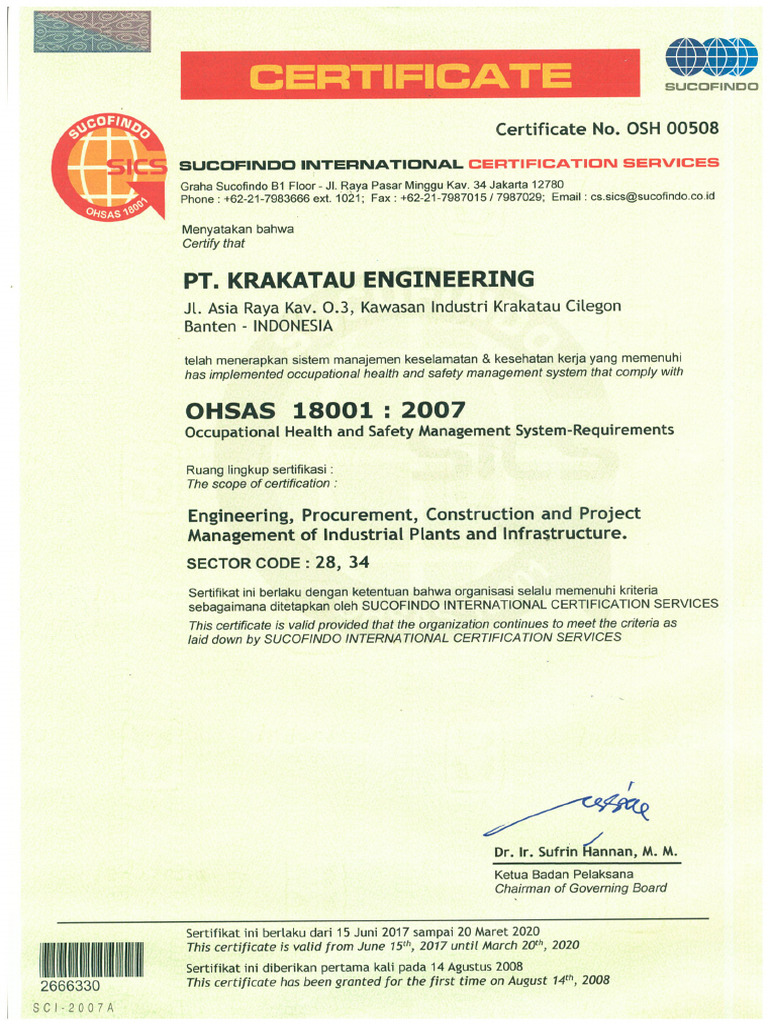 Certificate OHSAS 18001 2007 Occupational Health and Safety Management Systems - Requirements | PDF