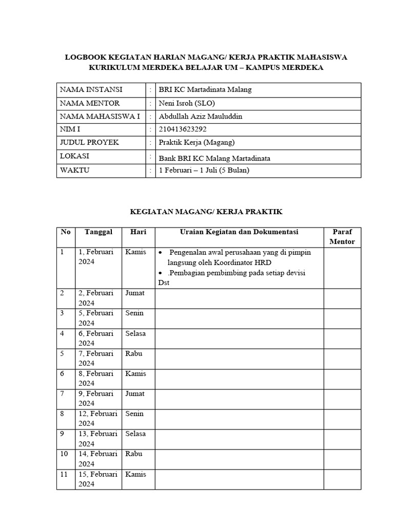 Format Logbook Harian Magang MBKM | PDF | Karier & Perkembangan