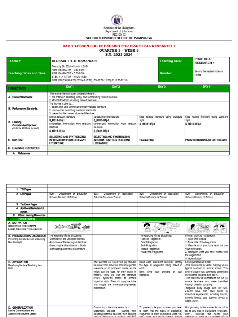Daily Lesson Log in English For Practical Research 1: Schools Division Office of Pampanga | PDF ...