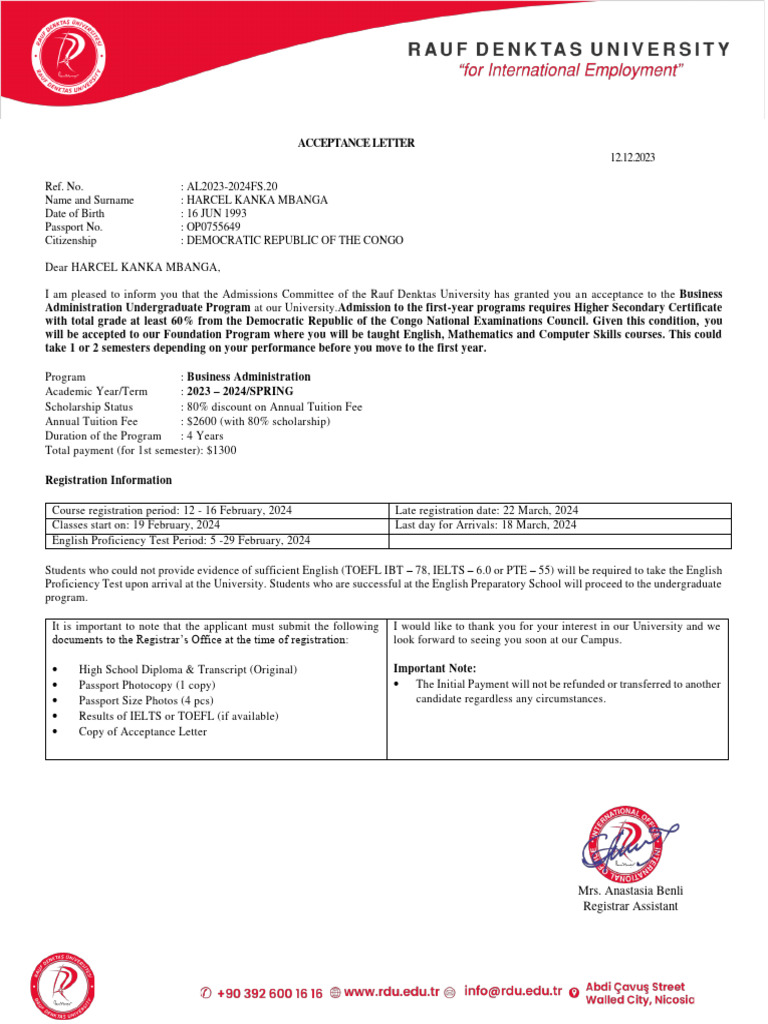 Acceptance Letter - Harcel Kanka Mbanga | PDF | International English ...