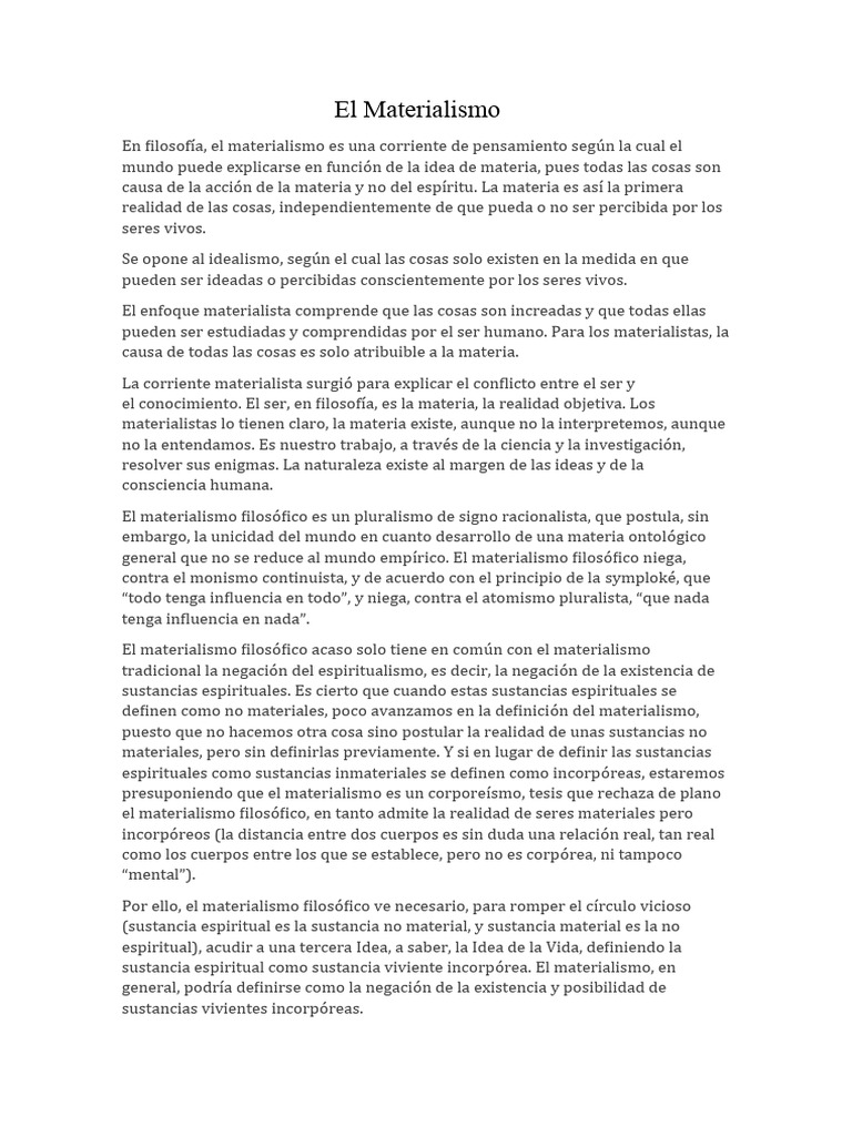 El Materialismo y el Idealismo | PDF | Idealismo | Materialismo