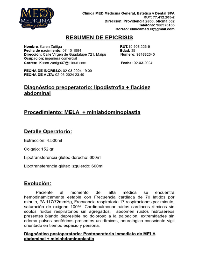 Postoperatorio MELA y Miniabdominoplastia | PDF | Medicina CLINICA ...