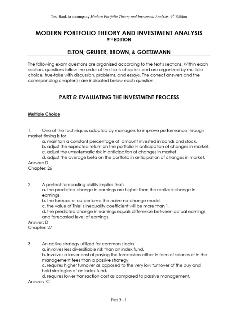 Modern Portfolio Theory and Investment Analysis 9th Edition Elton Test ...