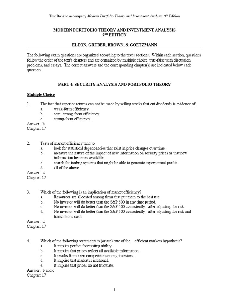 Modern Portfolio Theory and Investment Analysis 9th Edition Elton Test ...