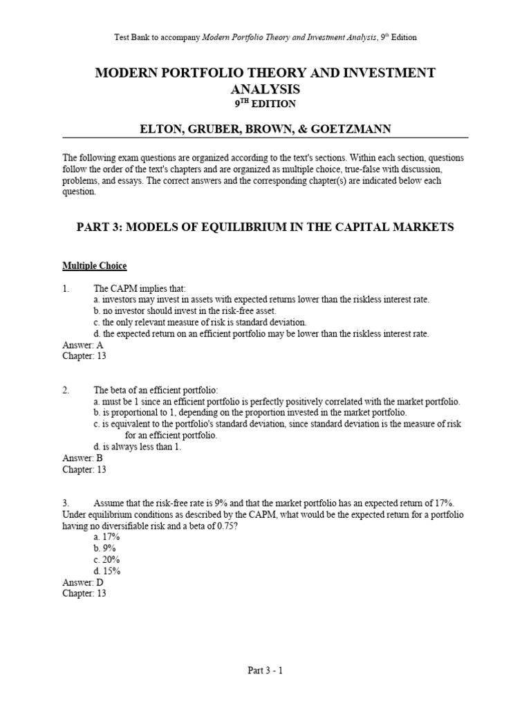 Modern Portfolio Theory and Investment Analysis 9th Edition Elton Test ...