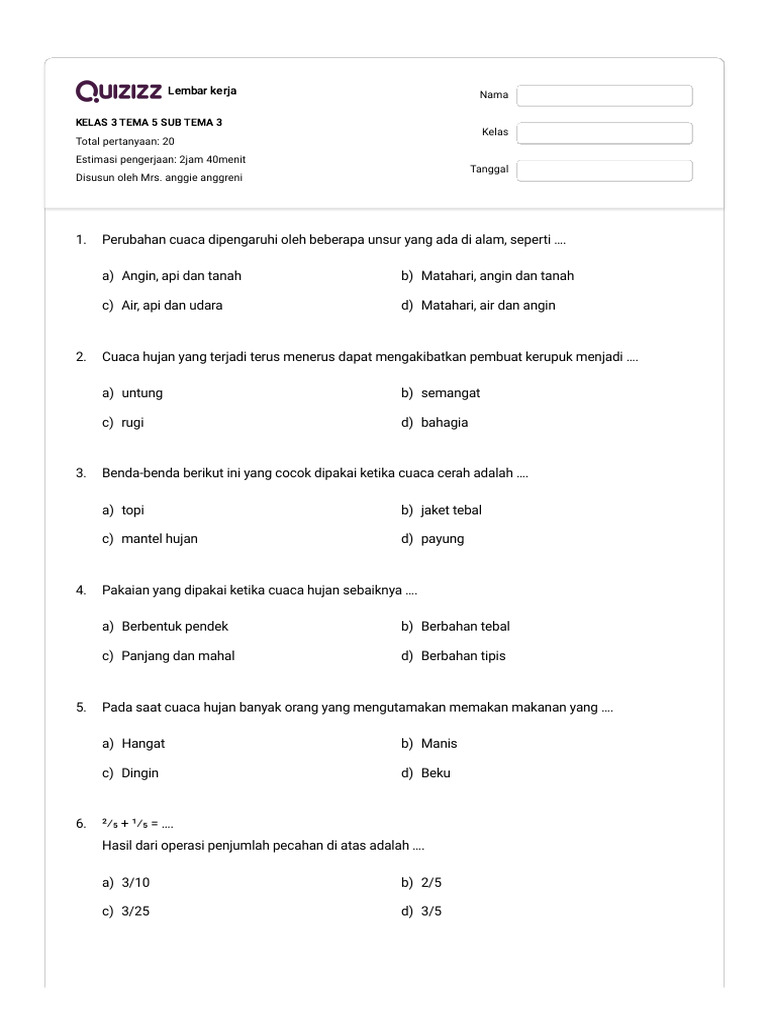 Kelas 3 Tema 5 Sub Tema 3 - Quizizz | PDF
