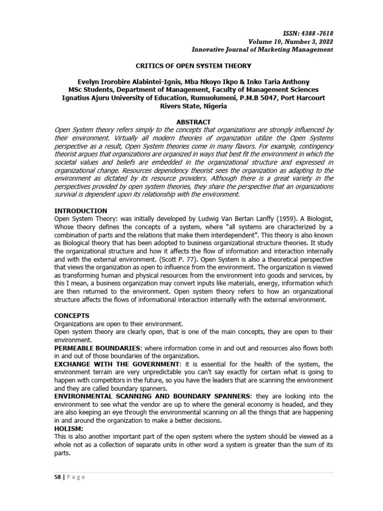 Critics of Open System Theory | PDF | Systems Theory | System