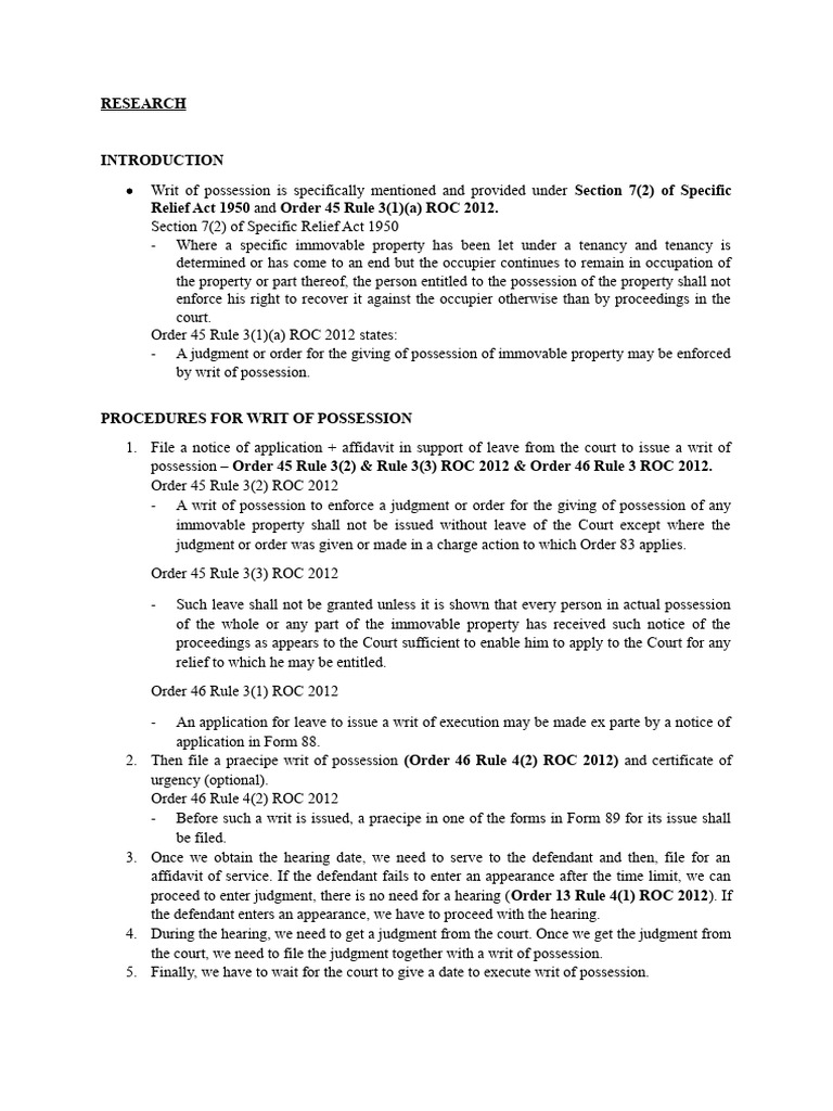 Procedures Writ of Possession | PDF | Judgment (Law) | Ex Parte
