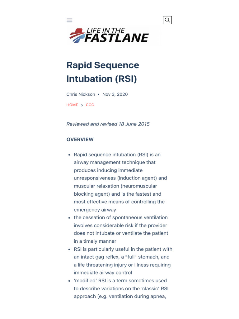 Rapid Sequence Intubation Overview | PDF | Medical Emergencies ...
