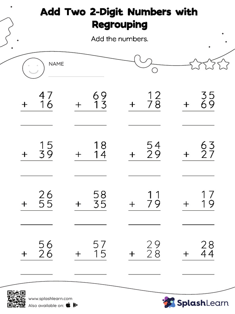 Add Two 2-Digit Numbers With Regrouping Vertical Addition Worksheet | PDF