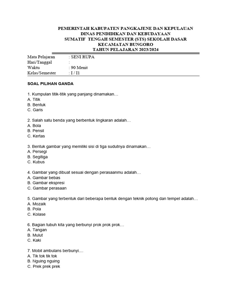 Soal Seni Rupa Kelas 1 SD Kurikulum Merdeka | PDF