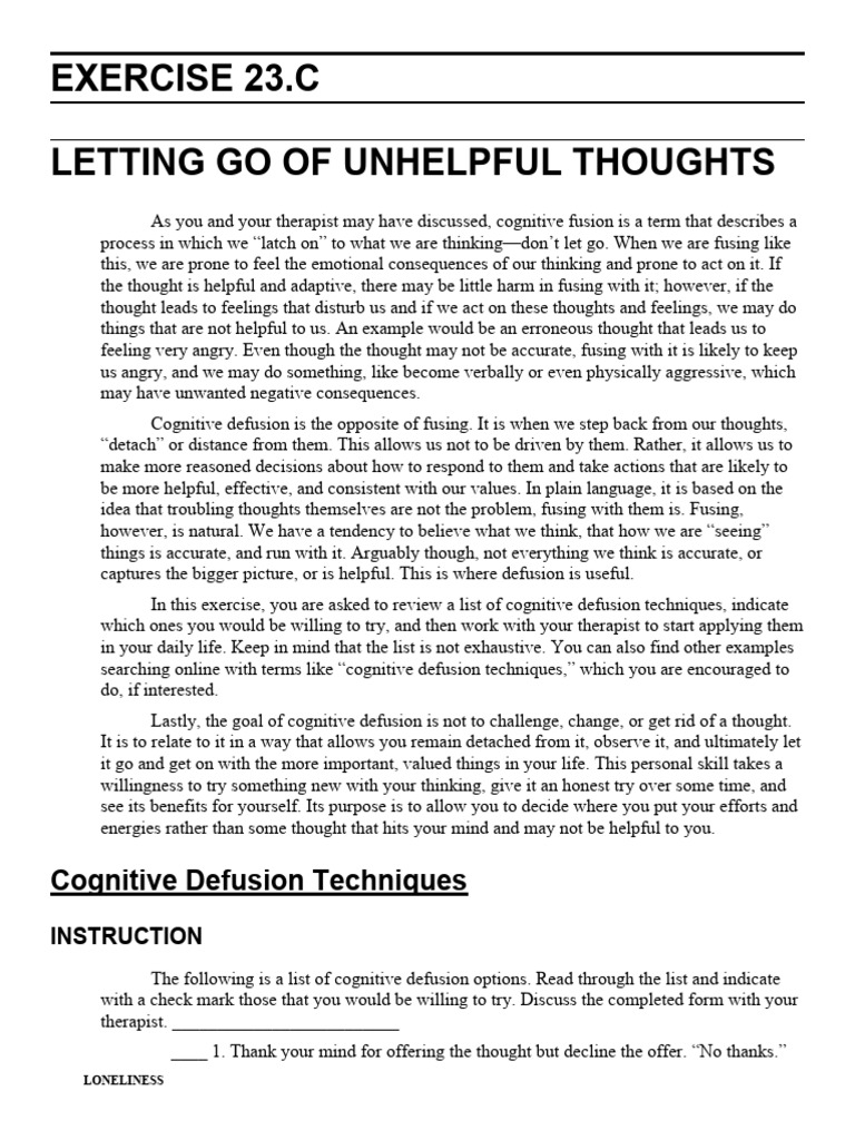 Exercise 23.C - Letting Go of Unhelpful Thoughts | PDF | Thought | Feeling Exercise 23.C - Letting Go of Unhelpful Thoughts | PDF | Thought | Feeling