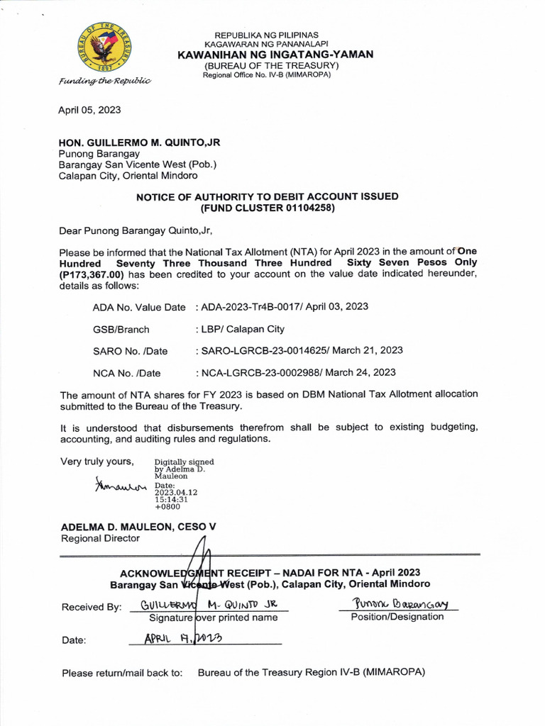 Acknowledgment Receipt - NTA For APRIL, 2023 - Brgy. San Vicente West | PDF