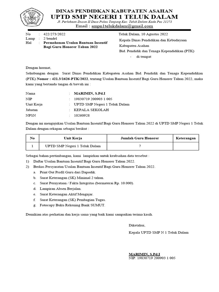Surat Daftar Usulan Insentif Guru Honor | PDF
