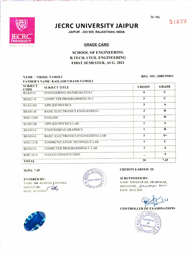 First Semester Grade Card | PDF | Computer Science | Engineering