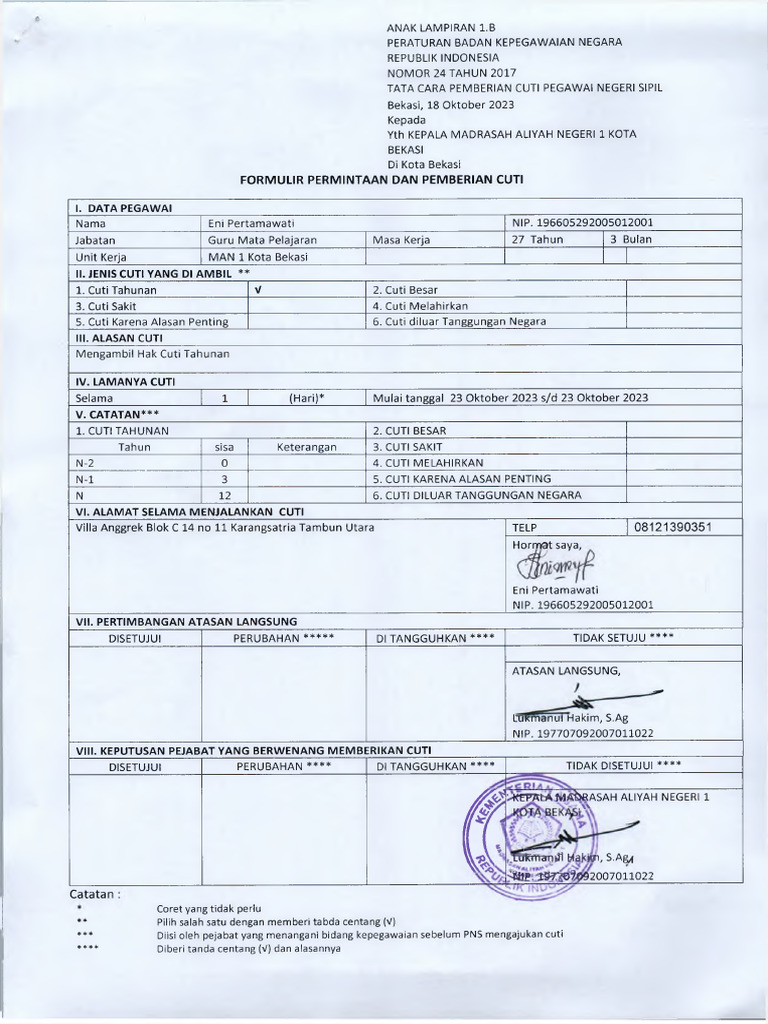 Contoh Surat Cuti Tahunan PNS | PDF